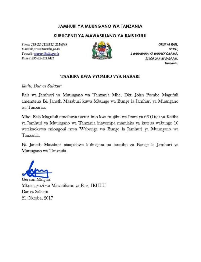 Breaking News: Rais Magufuli Amteua Janeth Masaburi Kuwa Mbunge ...