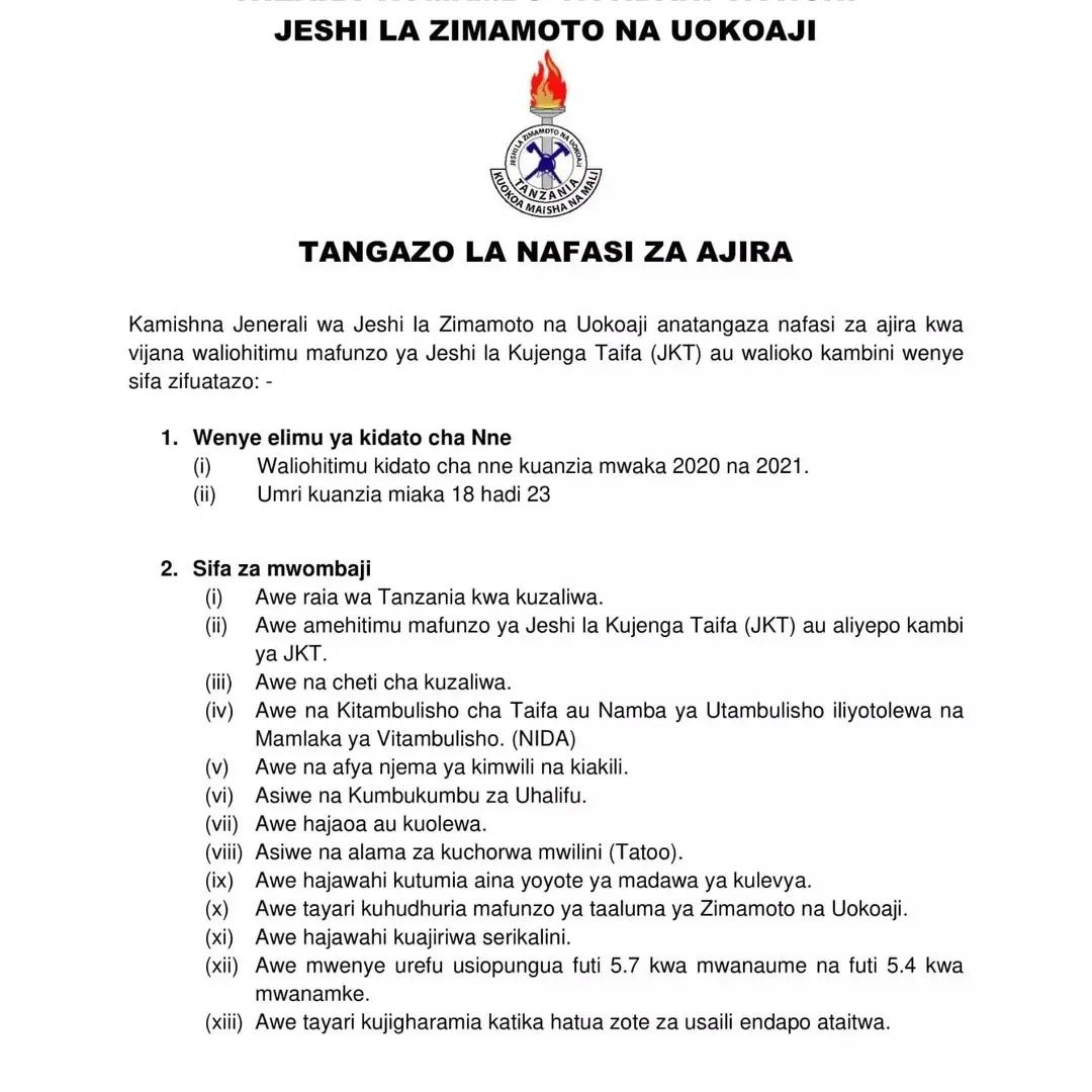 Kamishna Jenerali wa Jeshi la Zimamoto na Uokoaji Atangaza nafasi za ...