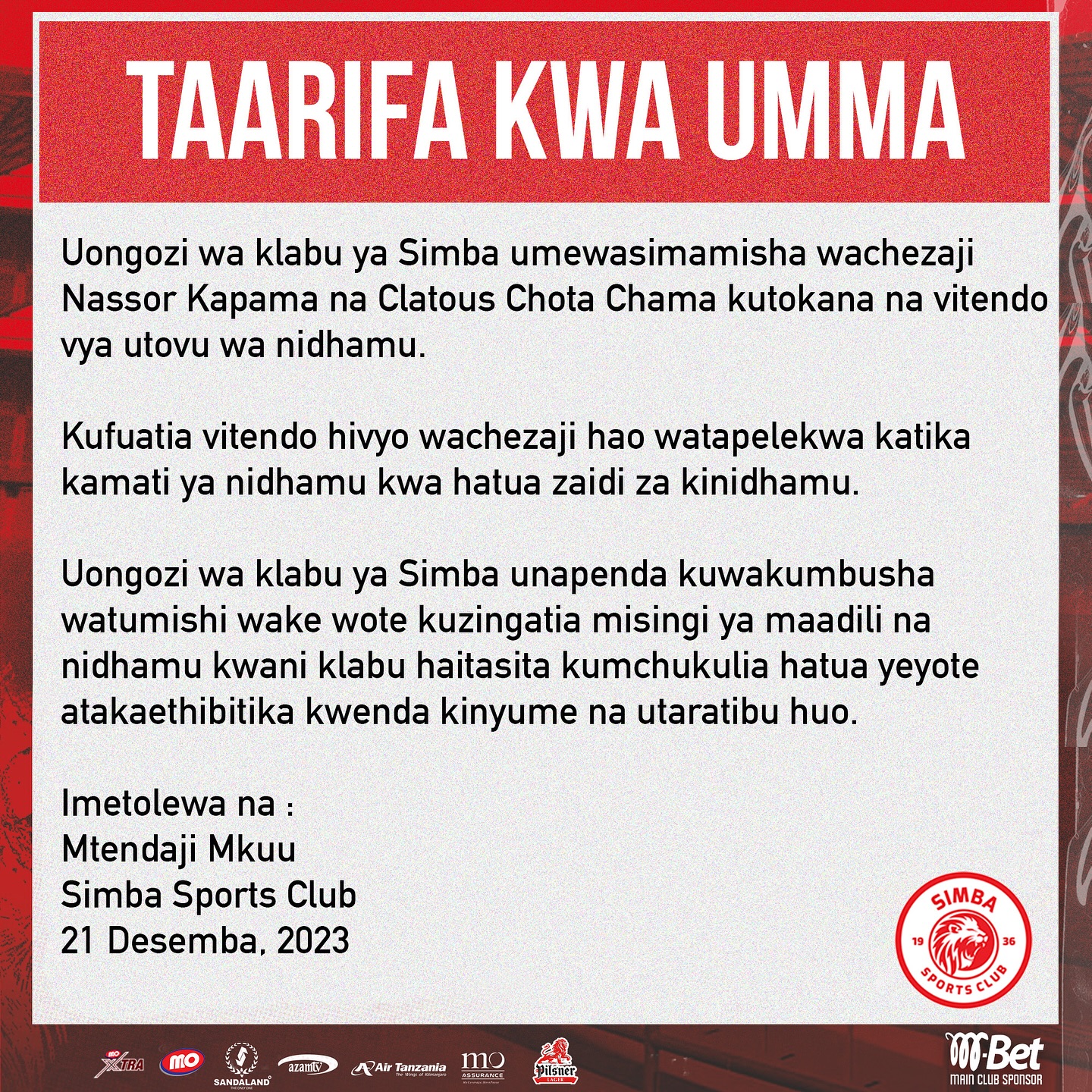 Simba Yawasimamisha Clatous Chama na Nassoro Kapama – Global Publishers