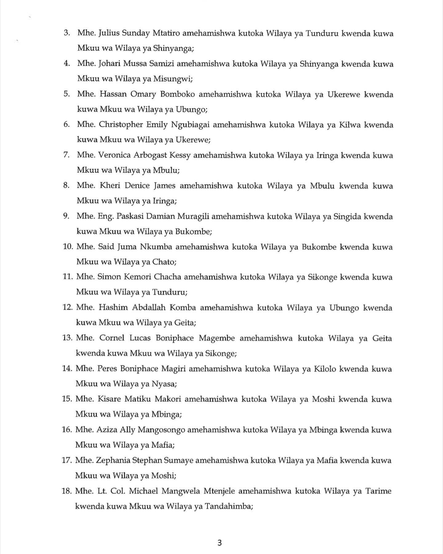 Rais Samia Afanya Uteuzi na Uhamisho wa Wakuu wa Mikoa, Makatibu Tawala ...