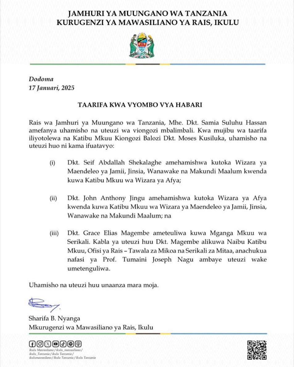 Rais Samia Afanya uteuzi, uhamisho na utenguzi wa viongozi - Global ...