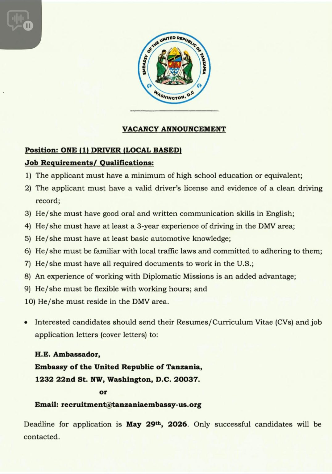 Ubalozi wa Tanzania Nchini Marekani Watangaza nafasi Kazi Udereva ...